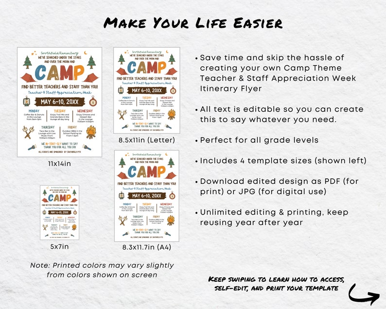 Editable Camp Theme Teacher & Staff Appreciation Day Camping Itinerary ...
