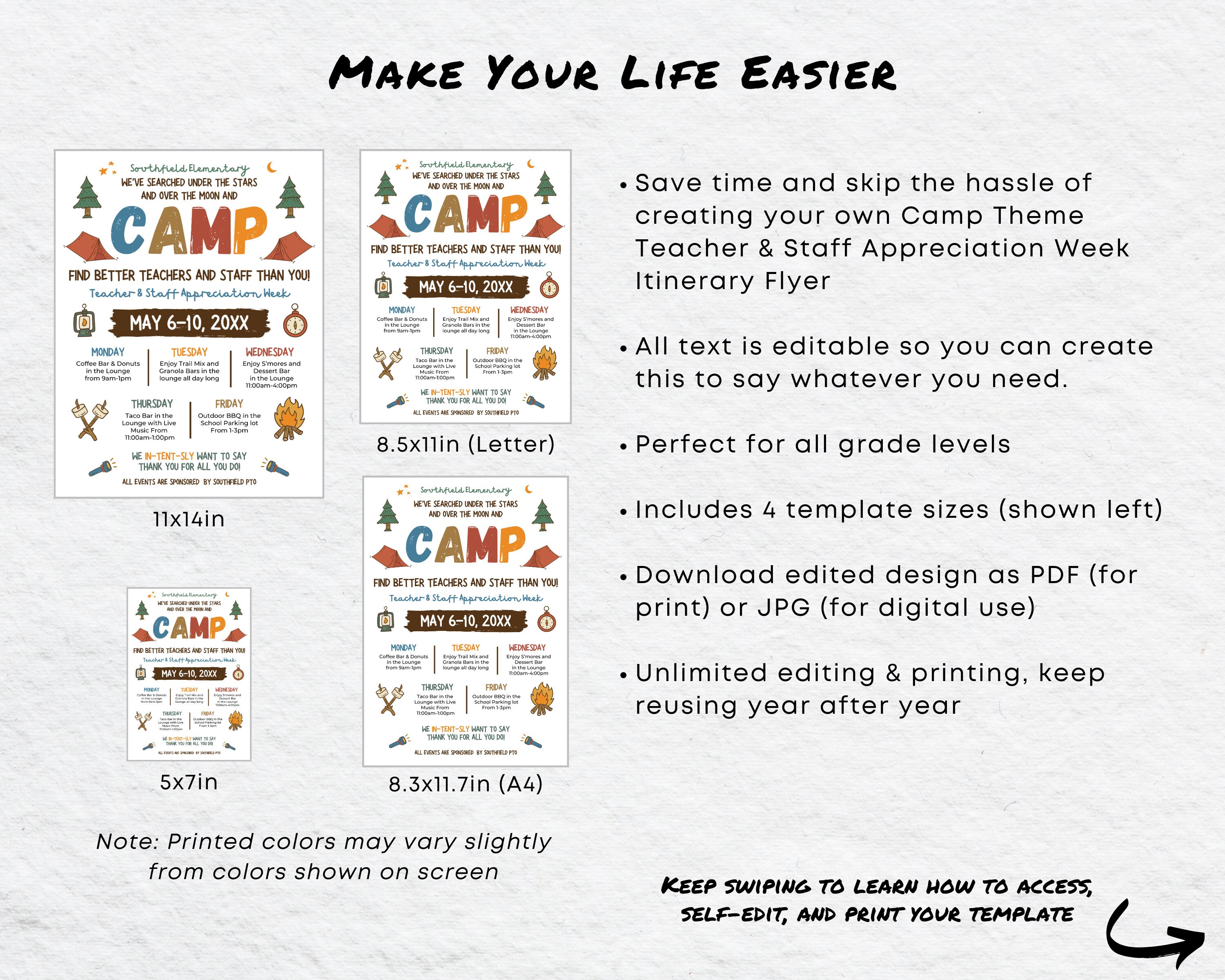 Editable Camp Theme Teacher & Staff Appreciation Day Camping Itinerary ...