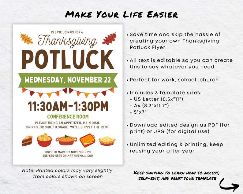 Thanksgiving Potluck Flyer: Editable Fall Appreciation Invitation ...