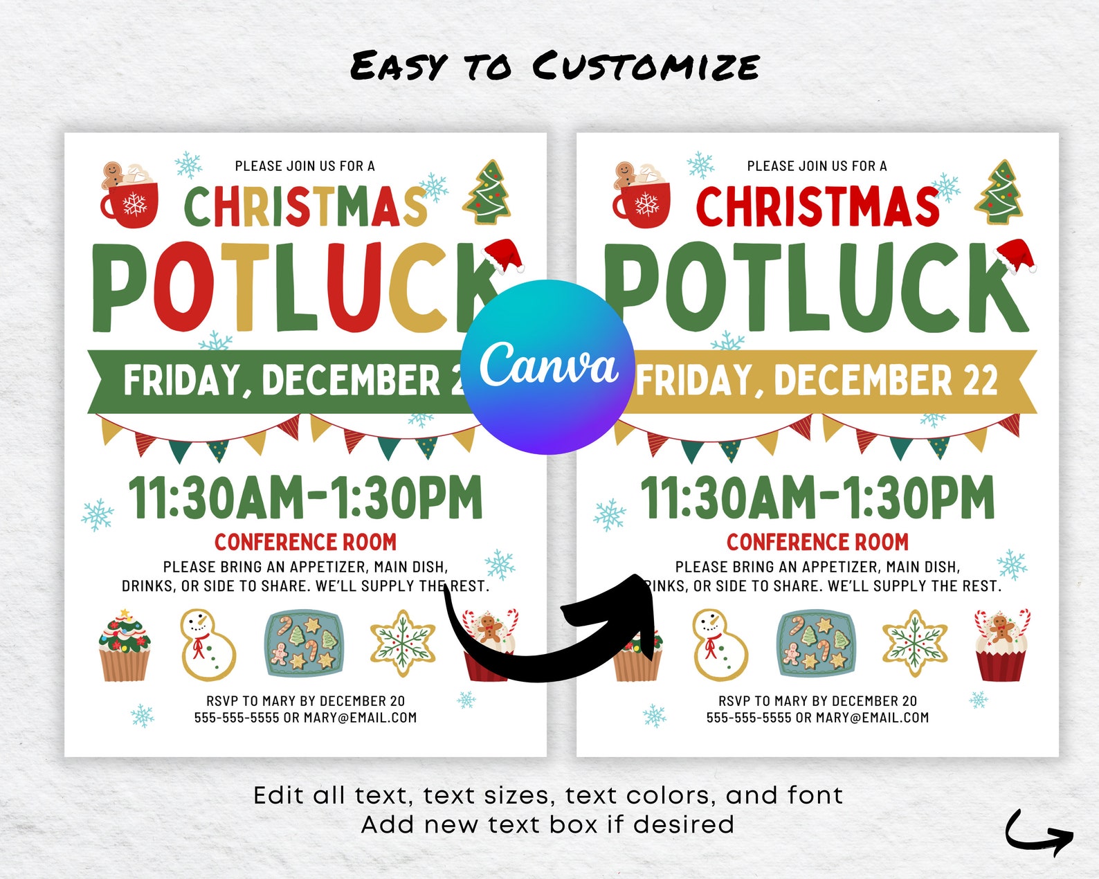 Editable Christmas Potluck Flyer Template, Holiday Party Invite, Canva ...