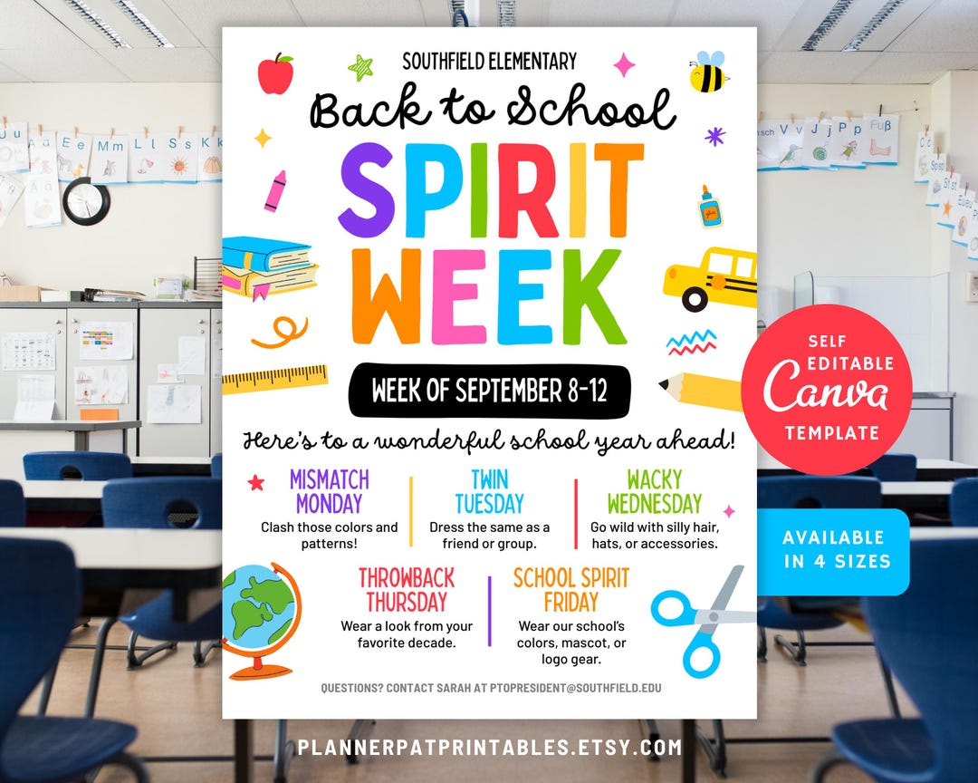 Editable Spirit Week Flyer Template: Back to School Theme Days (canva ...