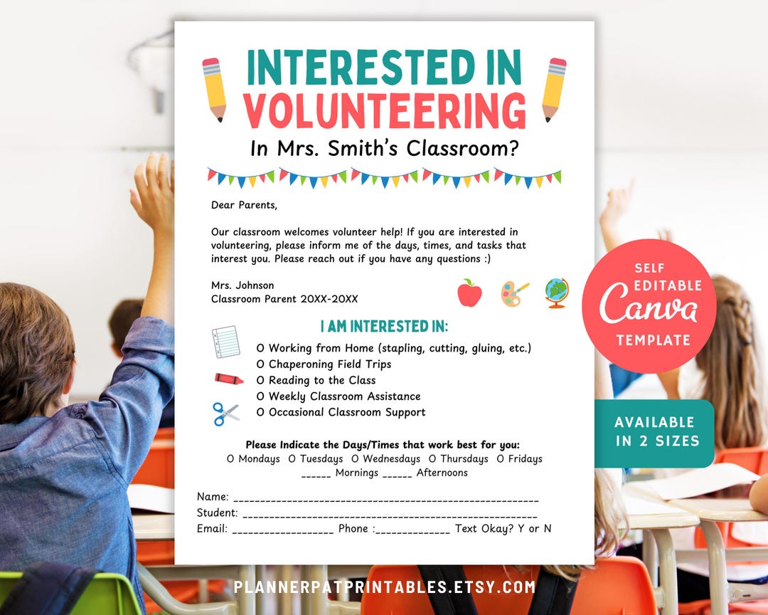 DIY Teacher Classroom Volunteer Form Printable Letter - Editable Parent ...