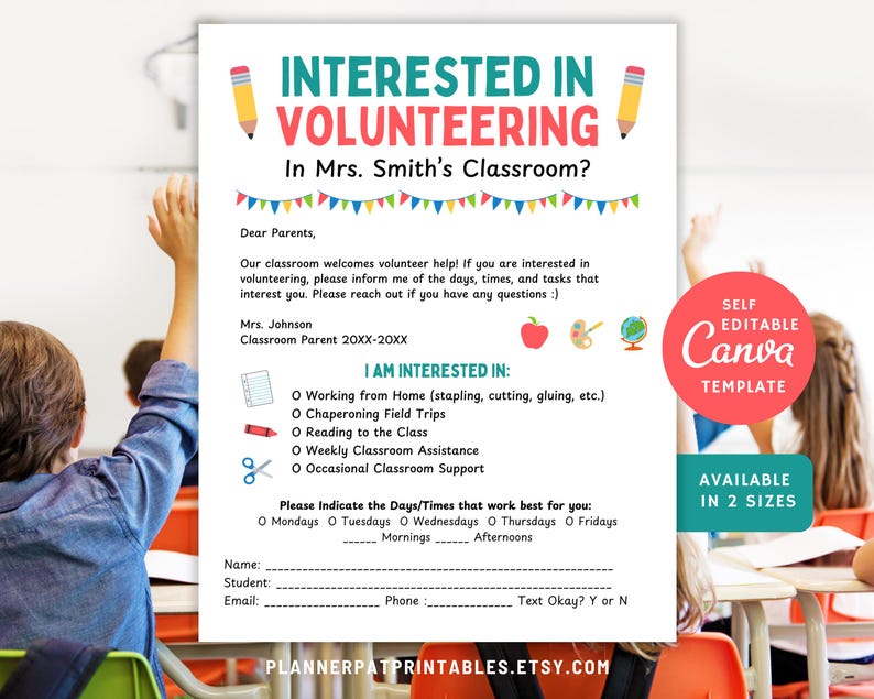 DIY Teacher Classroom Volunteer Form Printable Letter - Editable Parent ...