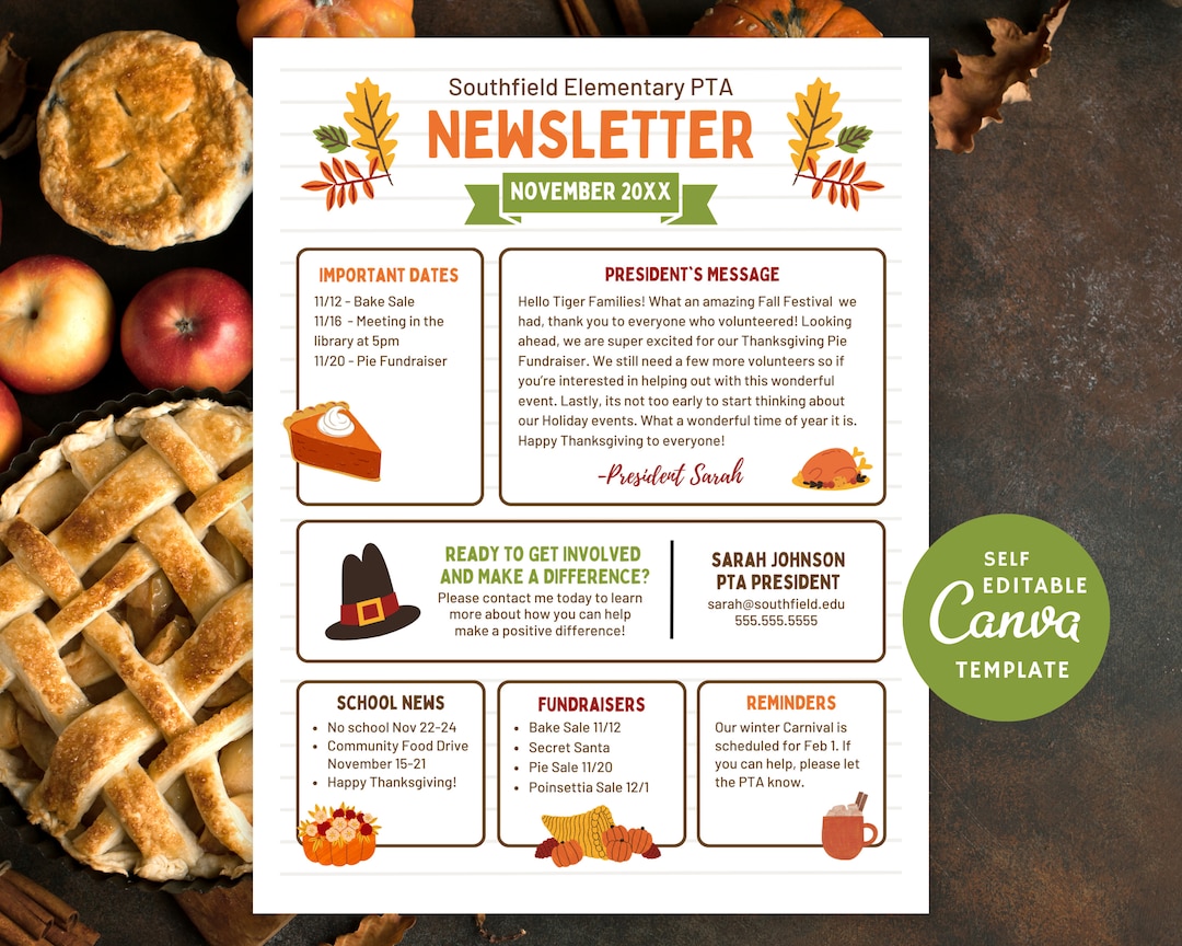 Editable November PTA Newsletter, Thanksgiving School News Canva ...