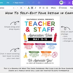 Editable Teacher & Staff Appreciation Week Flyer Itinerary Canva ...
