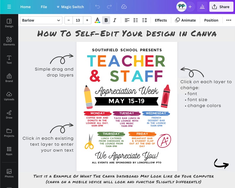 Editable Teacher & Staff Appreciation Week Flyer Itinerary Canva ...