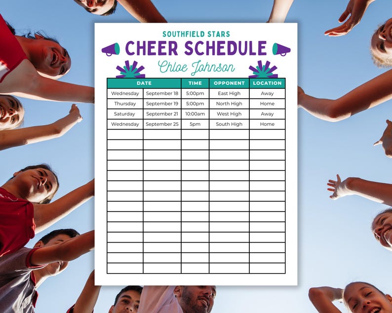 Editable Cheer Schedule Template, Cheerleader Practice or Game Calendar ...