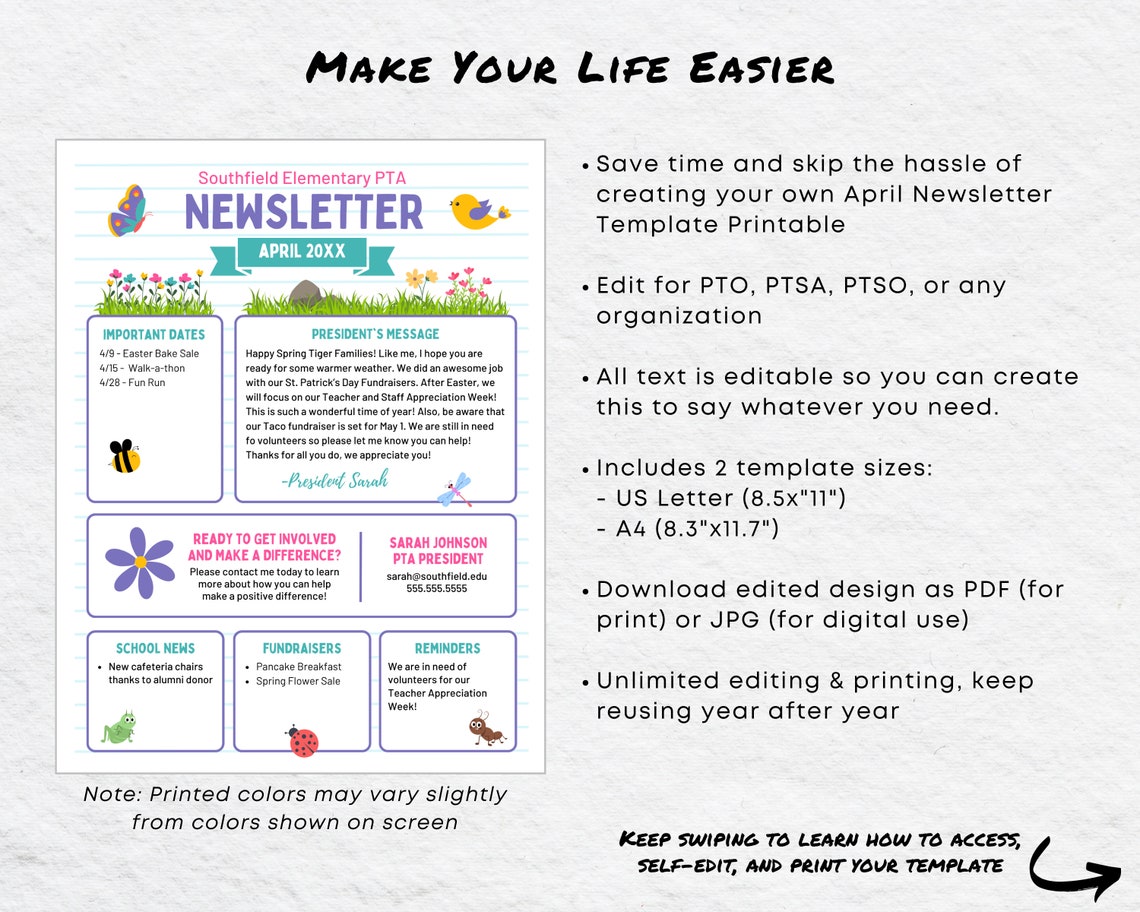 Editable April Newsletter Template, Spring PTO PTA School News, Canva ...
