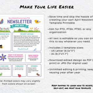 Editable April Newsletter Template, Spring PTO PTA School News, Canva ...