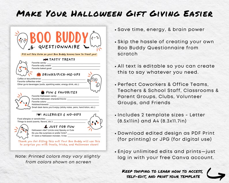 Halloween Boo Buddy Questionnaire PDF | Editable Gift Exchange Survey ...