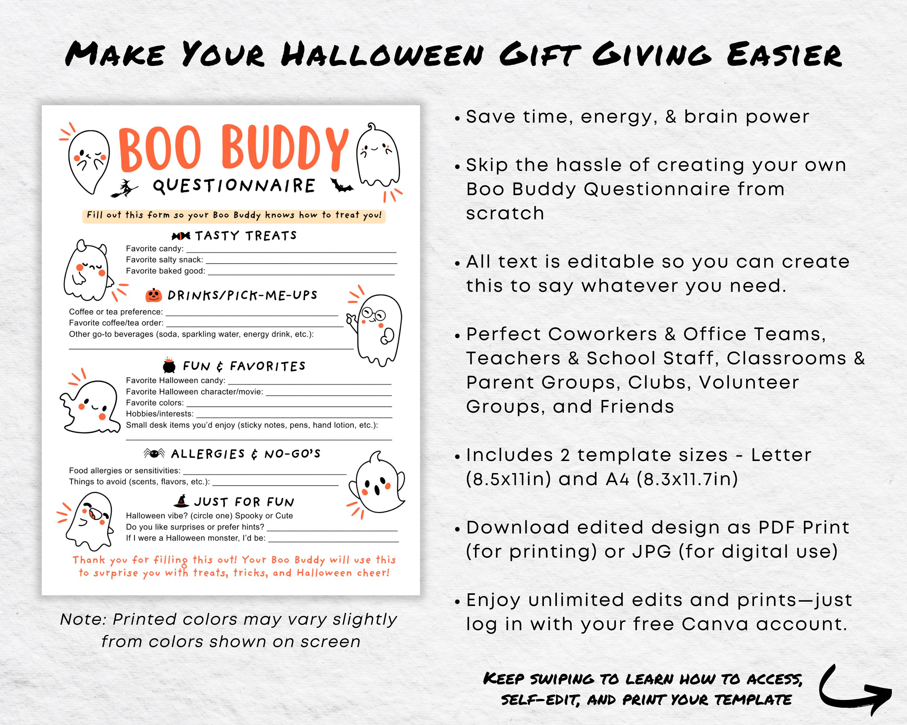 Halloween Boo Buddy Questionnaire PDF | Editable Gift Exchange Survey ...