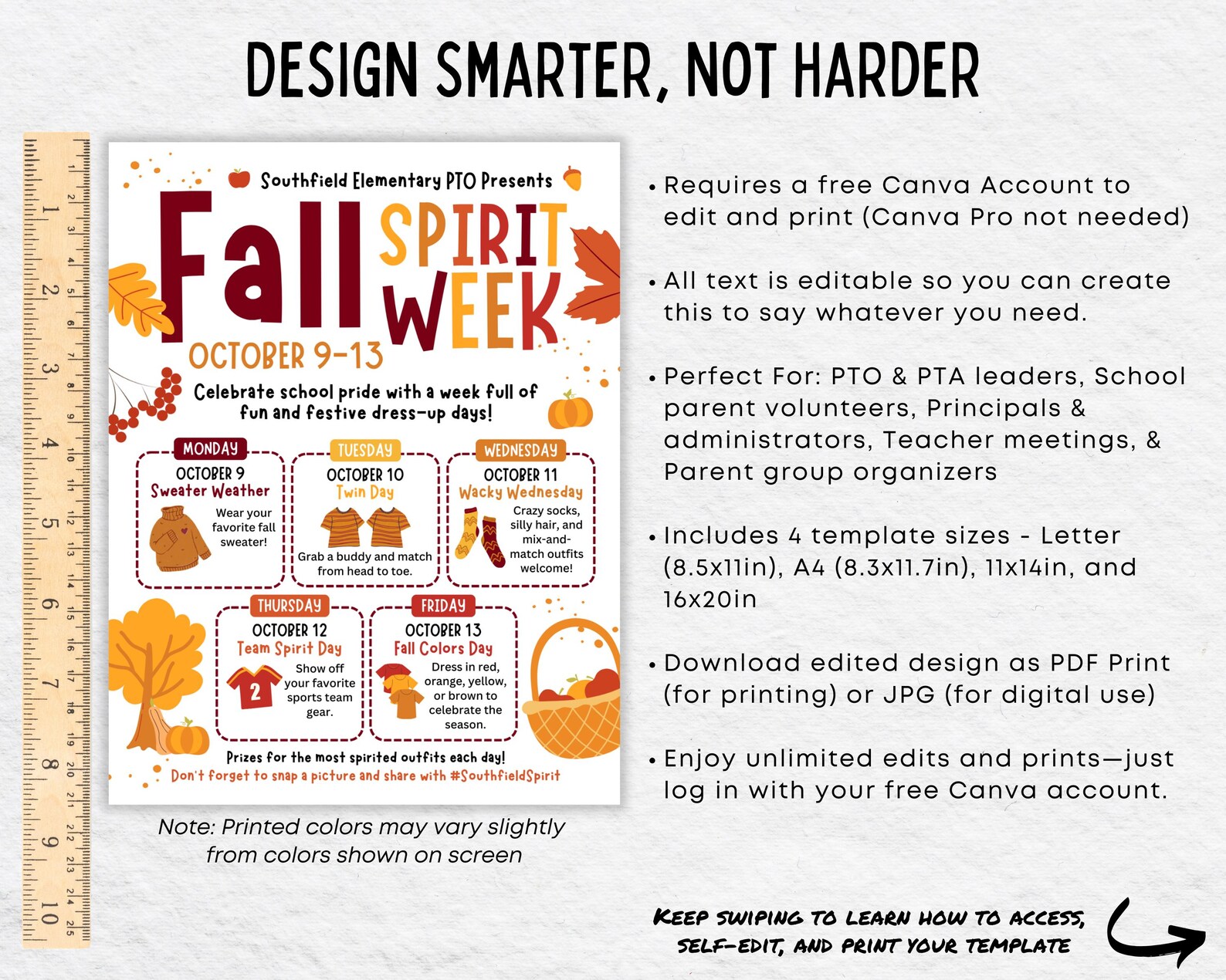 Editable Fall Spirit Week Flyer: Autumn Dress up Schedule (canva ...