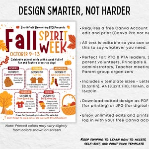 Editable Fall Spirit Week Flyer: Autumn Dress up Schedule (canva ...