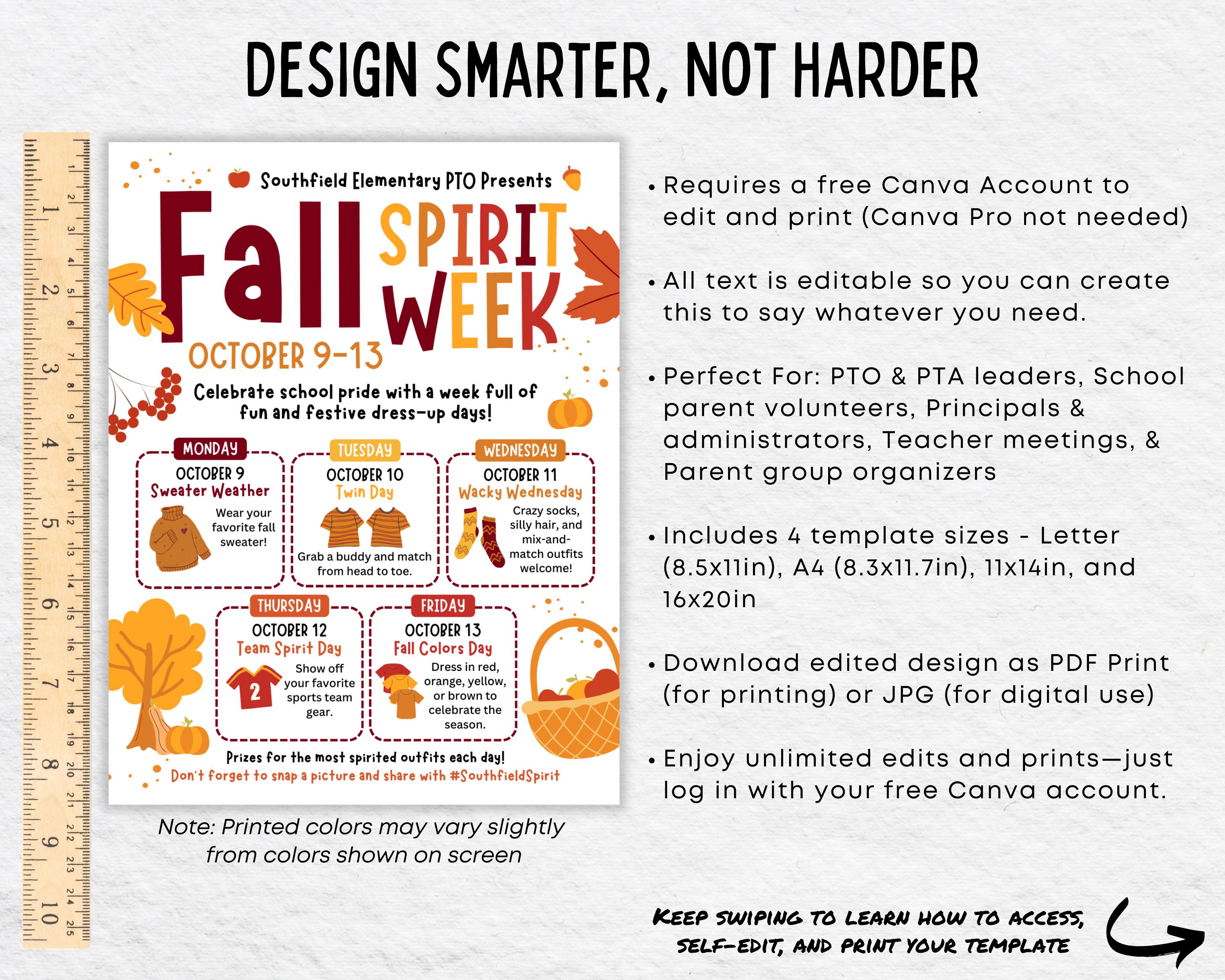 Editable Fall Spirit Week Flyer: Autumn Dress up Schedule (canva ...