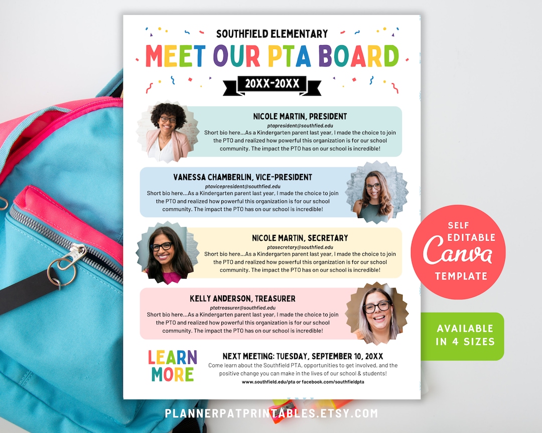 Editable Meet the PTA Flyer, Volunteer Board Officers Introductions, School Canva Template ...