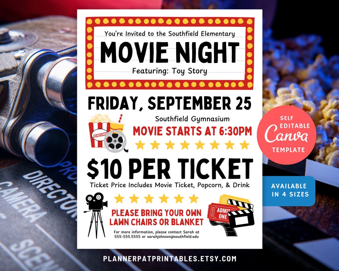 Editable Family Movie Night Flyer Template: Canva School Movie Party ...