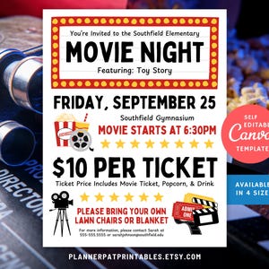 Editable Family Movie Night Flyer Template: Canva School Movie Party ...