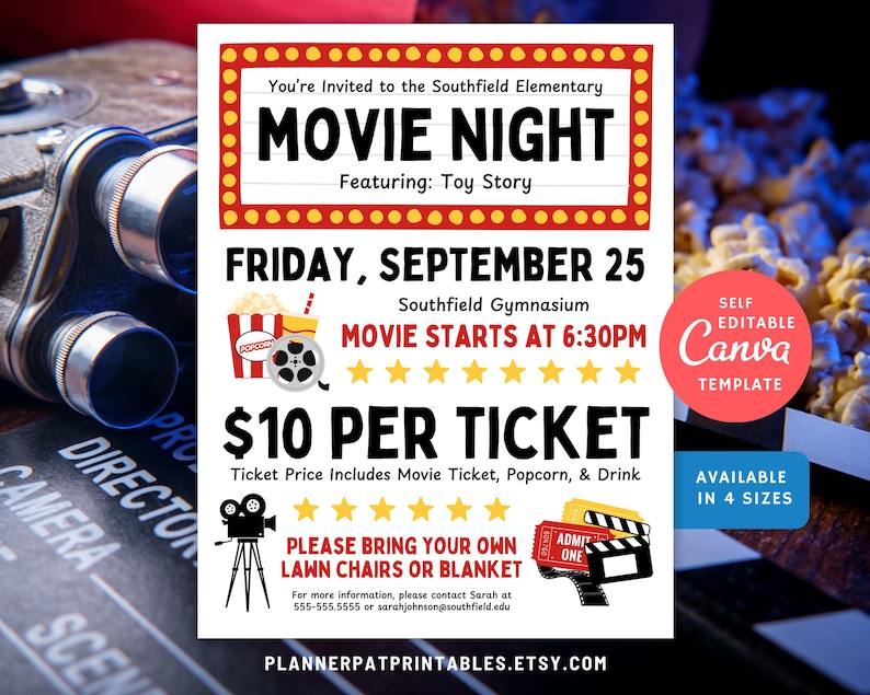 Editable Family Movie Night Flyer Template: Canva School Movie Party ...