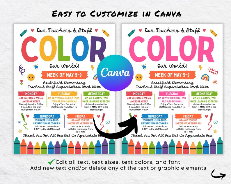 Rainbow Teacher Appreciation Week Coloring Itinerary Flyer (canva ...