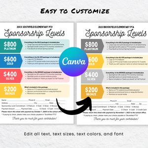 PTO PTA Sponsorship Levels Form Editable Template, Non-profit Form ...