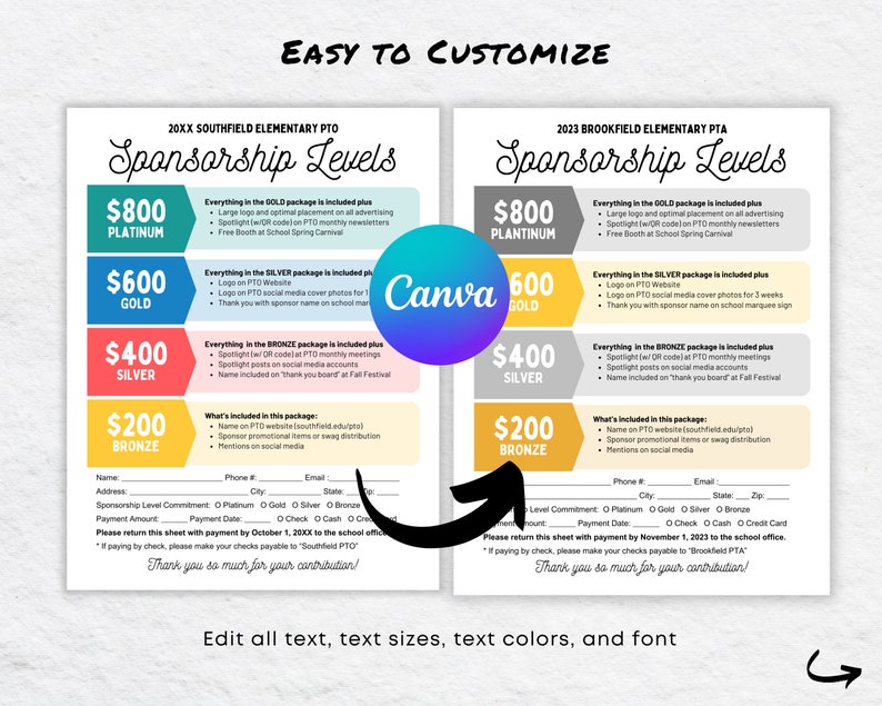 PTO PTA Sponsorship Levels Form Editable Template, Non-profit Form ...