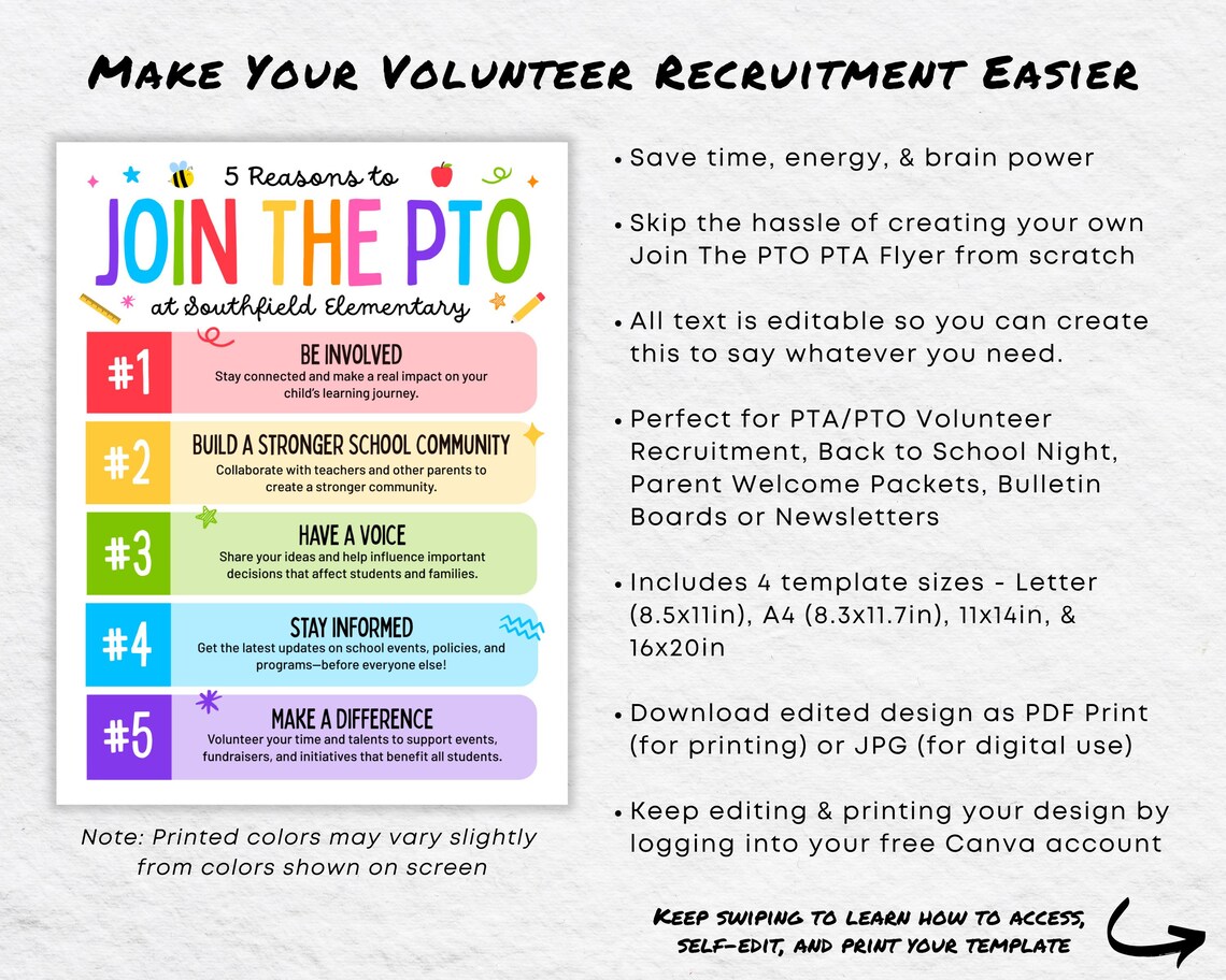 Editable PTA PTO Recruitment Flyer Template: Why Join Us (canva ...