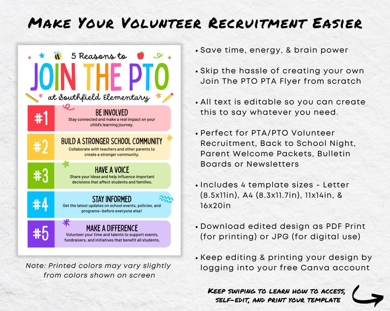 Editable PTA PTO Recruitment Flyer Template: Why Join Us (canva ...
