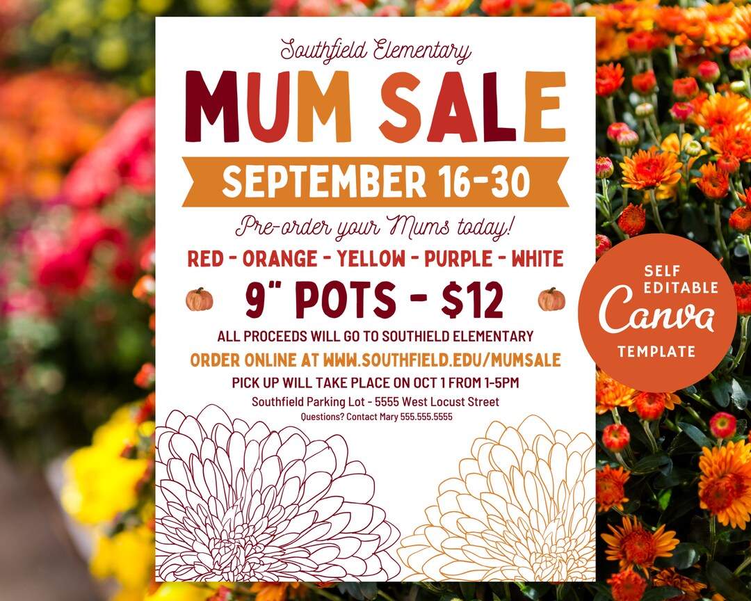 Editable Fall Mum Sale Flyer Template, School Fundraiser, Canva - Etsy