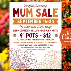 Editable Fall Mum Sale Flyer Template, School Fundraiser, Canva - Etsy ...