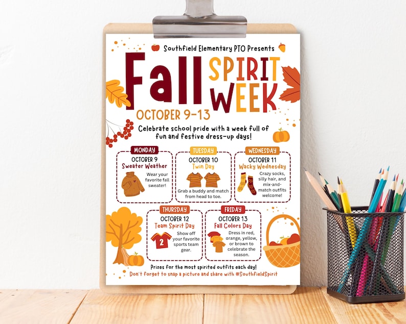 Editable Fall Spirit Week Flyer: Autumn Dress up Schedule (canva ...