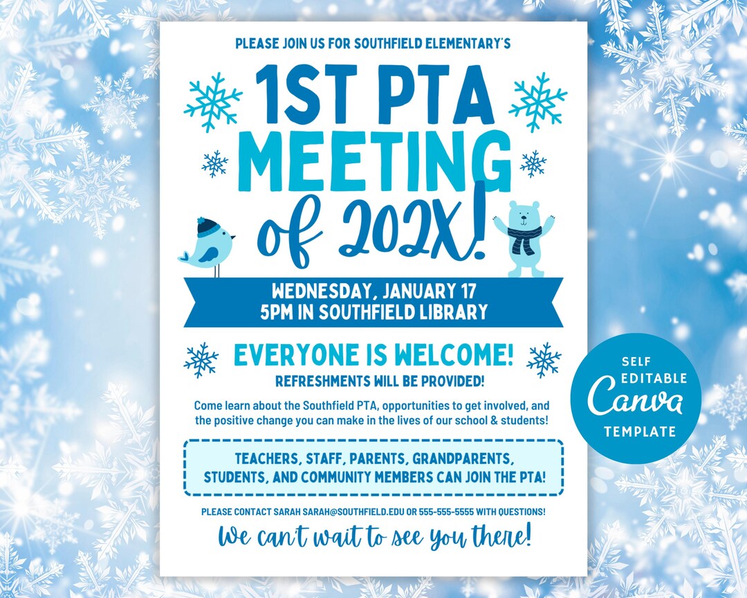 Editable First PTA Meeting Flyer of 2026 - Winter Invite (canva ...