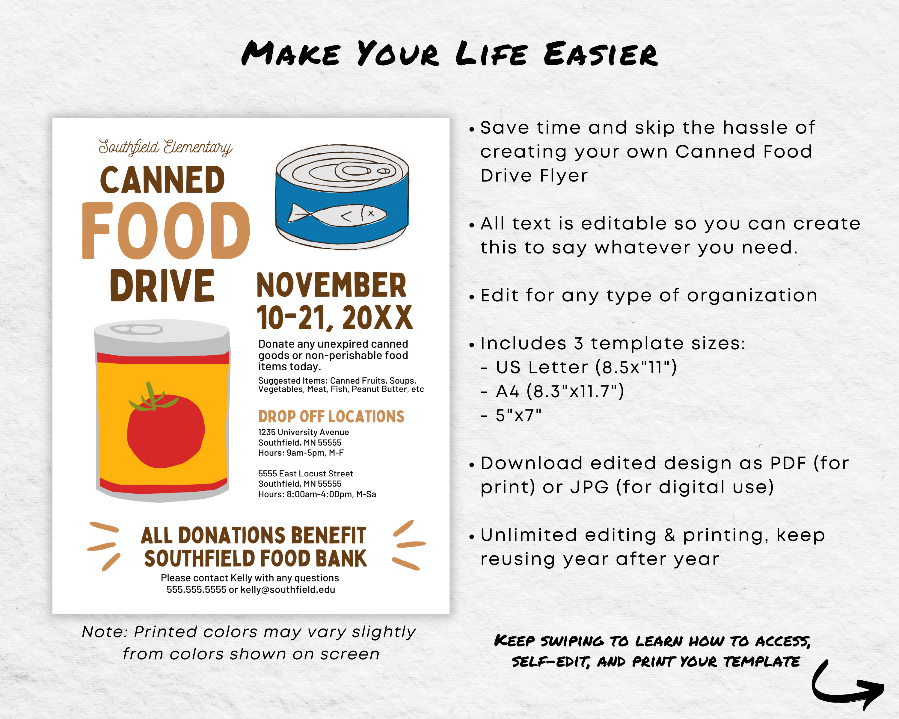 Editable Canned Food Drive Flyer: Minimalist Charity Poster (digital ...