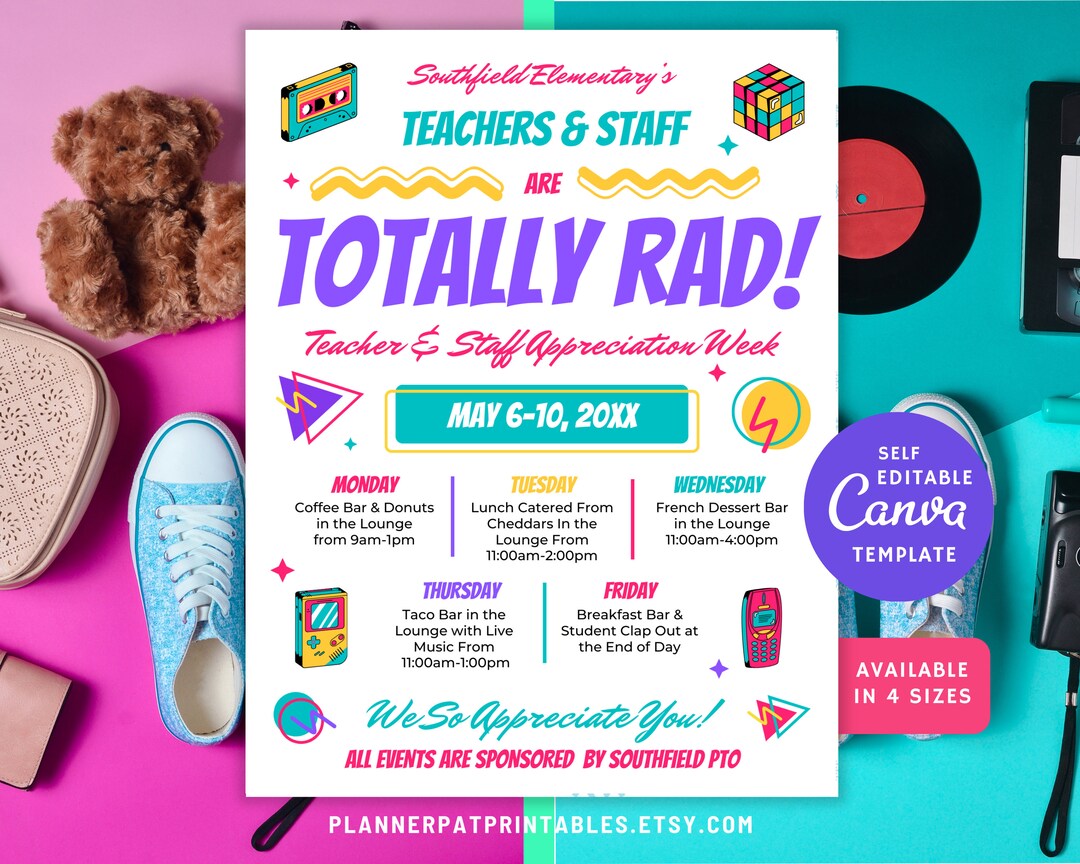 Editable 90s Theme Teacher Appreciation Flyer: Retro Itinerary Template ...