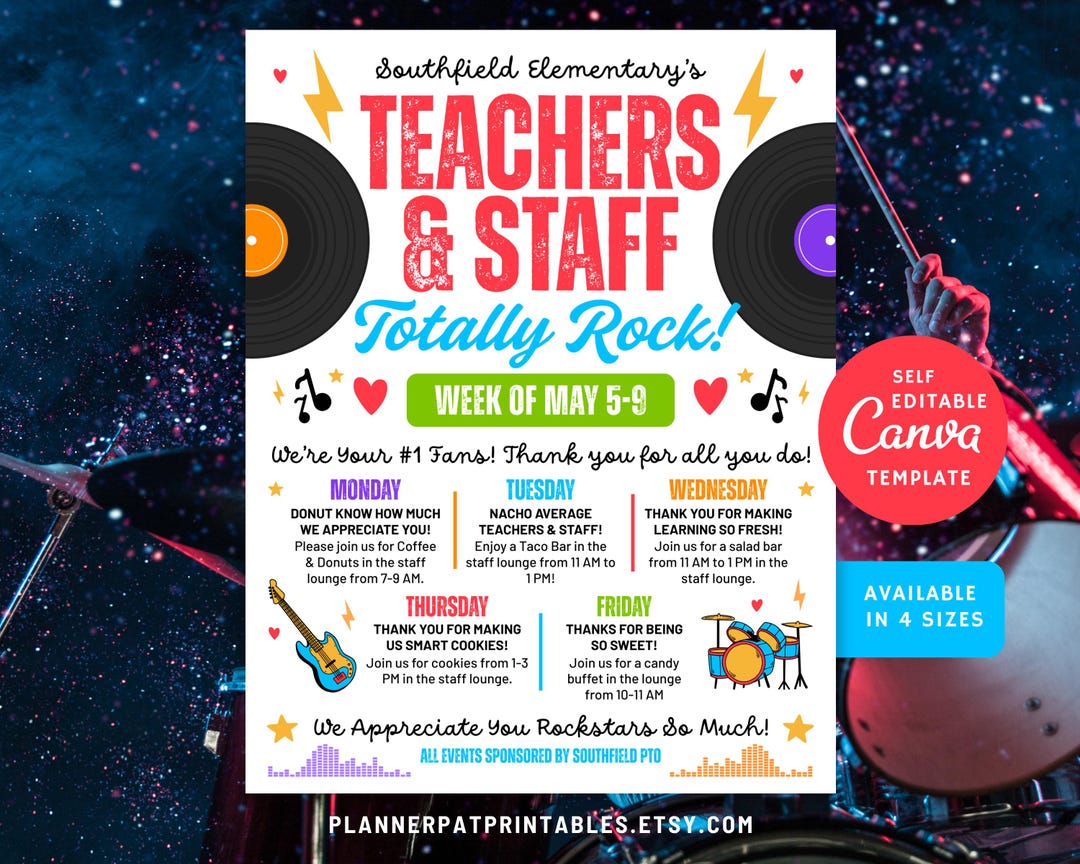 Rock and Roll Teacher Appreciation Week Itinerary Flyer (canva Template ...