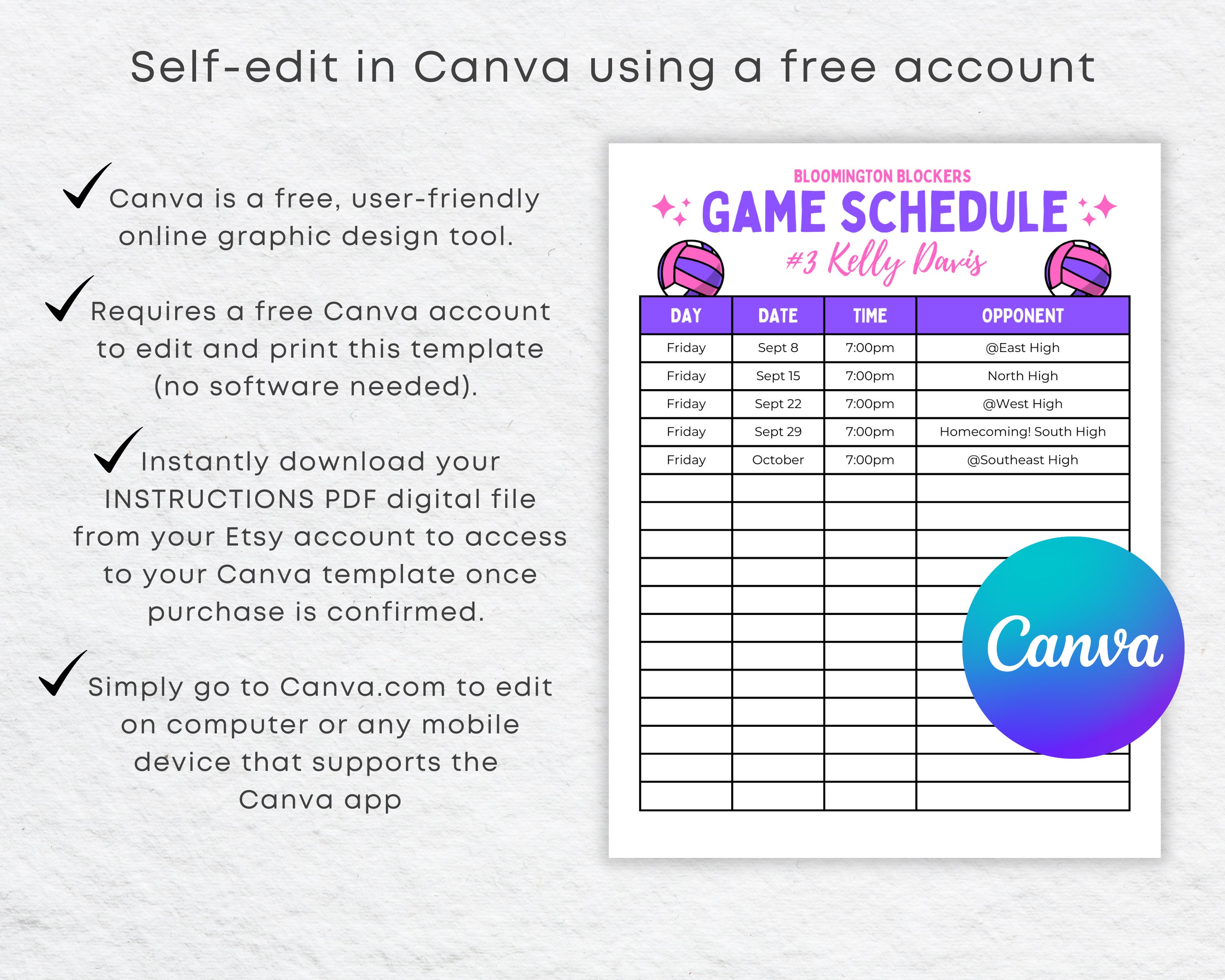 Editable Volleyball Schedule Template Volleyball Game Day - Etsy Canada