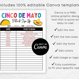 Cinco De Mayo Potluck Sign up Sheet for Taco Fiesta Potluck Party ...