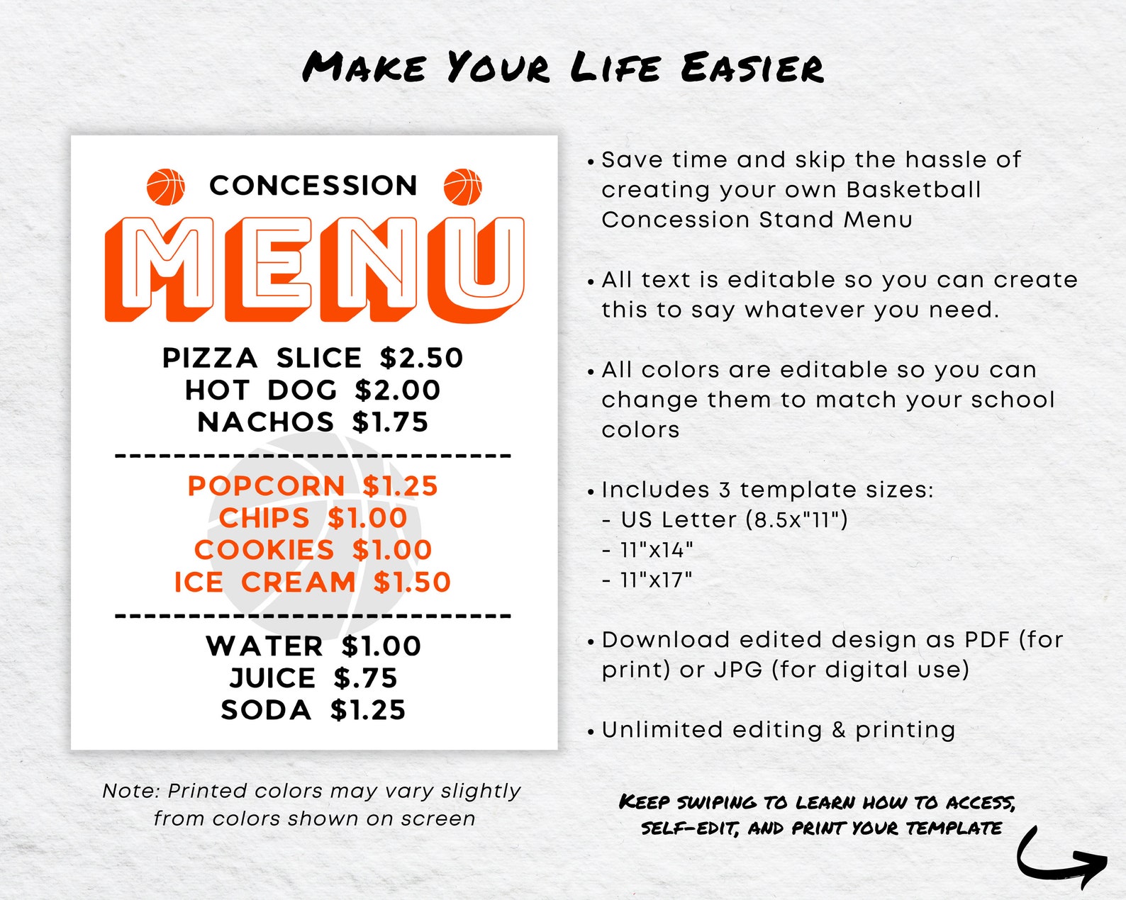 Basketball Concession Menu Editable Template, Printable Sign (canva ...