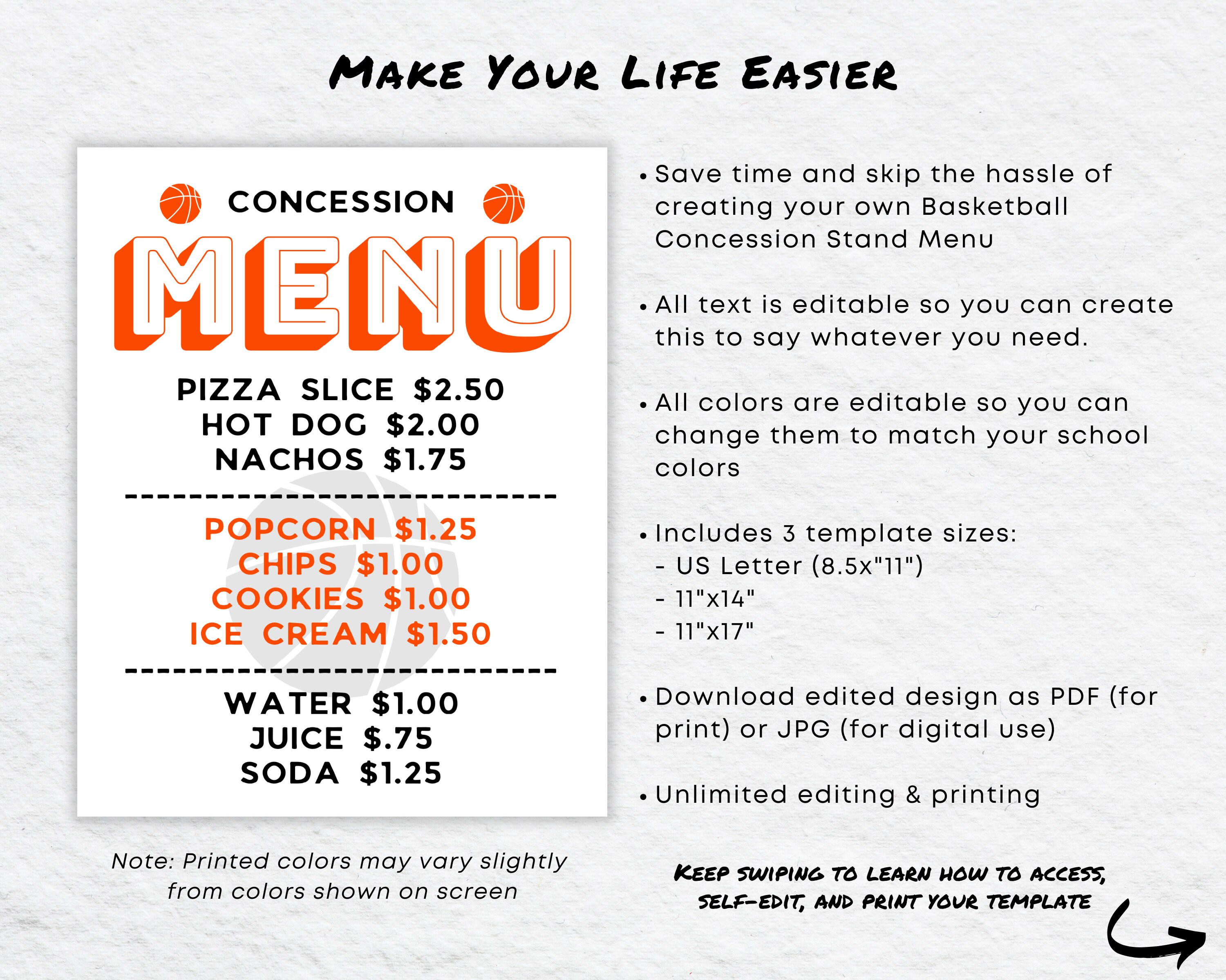 Basketball Concession Menu Editable Template, Printable Sign (canva ...