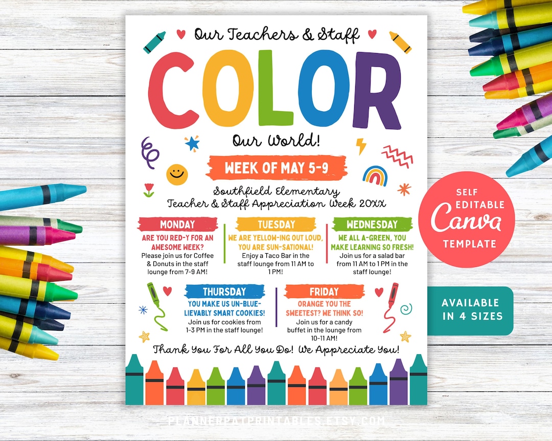 Editable Rainbow Theme Teacher & Staff Appreciation Crayon Itinerary ...
