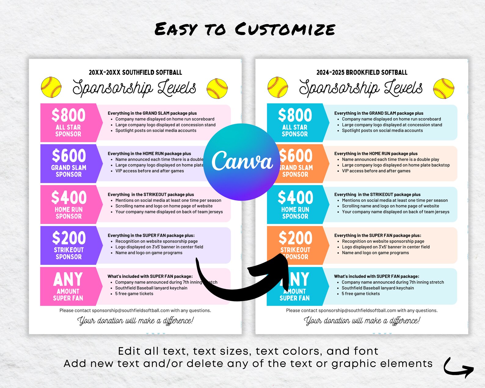 Softball Sponsorship Levels Form Editable Template, Canva Sponsor Tier ...