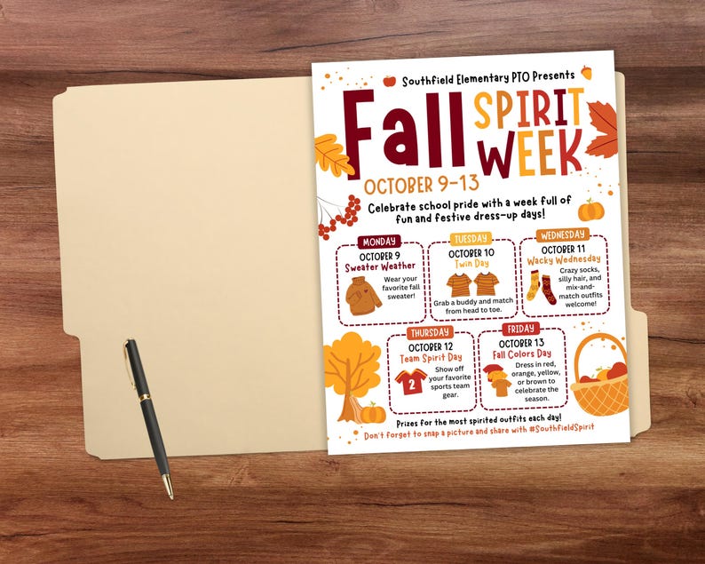 Editable Fall Spirit Week Flyer: Autumn Dress up Schedule (canva ...