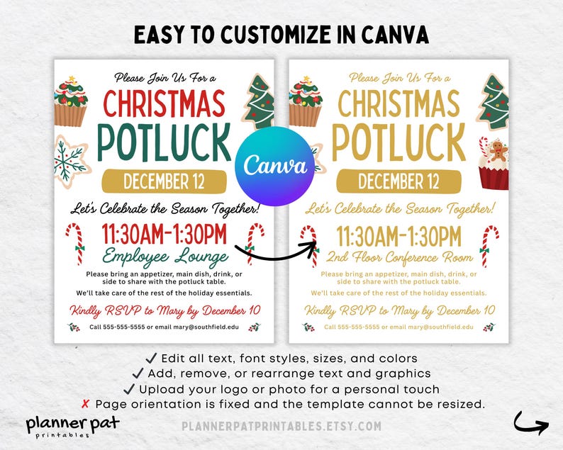 Christmas Potluck Flyer | Editable Holiday Party Invitation (canva ...