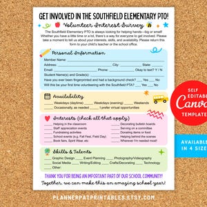 Editable PTA PTO Volunteer Survey Template: Canva Sign-up Form (digital ...