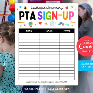Editable PTO PTA Sign up Sheet Template: Canva Volunteer Form (digital ...