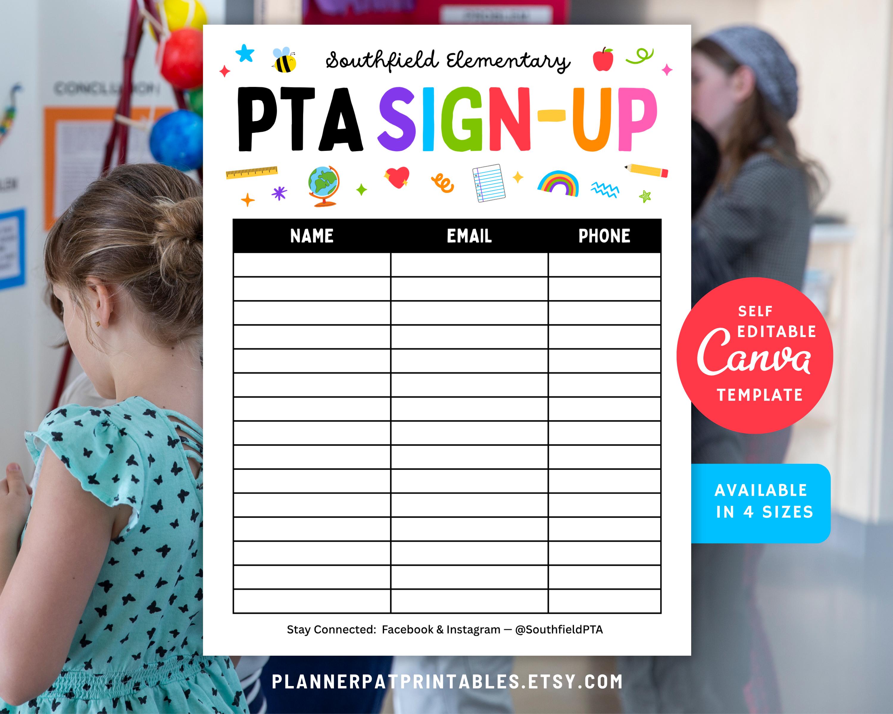Editable PTO PTA Sign up Sheet Template: Canva Volunteer Form (digital ...