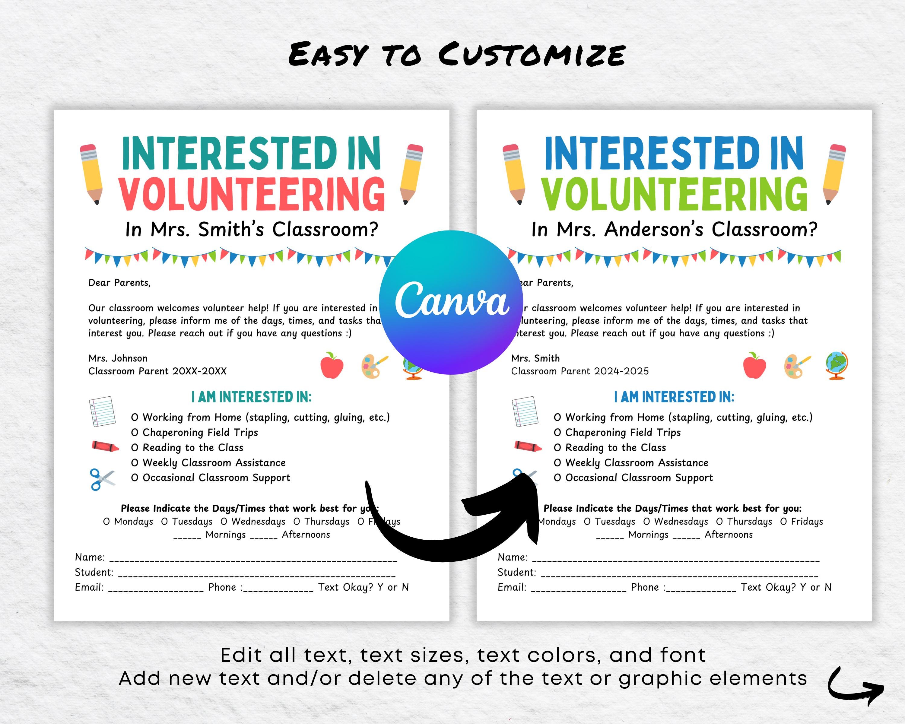 DIY Teacher Classroom Volunteer Form Printable Letter - Editable Parent ...