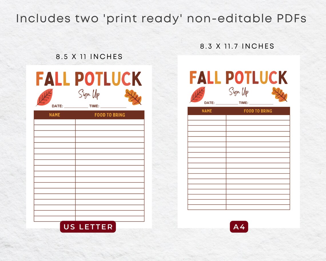 Fall Potluck Sign up Sheet Printable Autumn Harvest Potluck Party ...