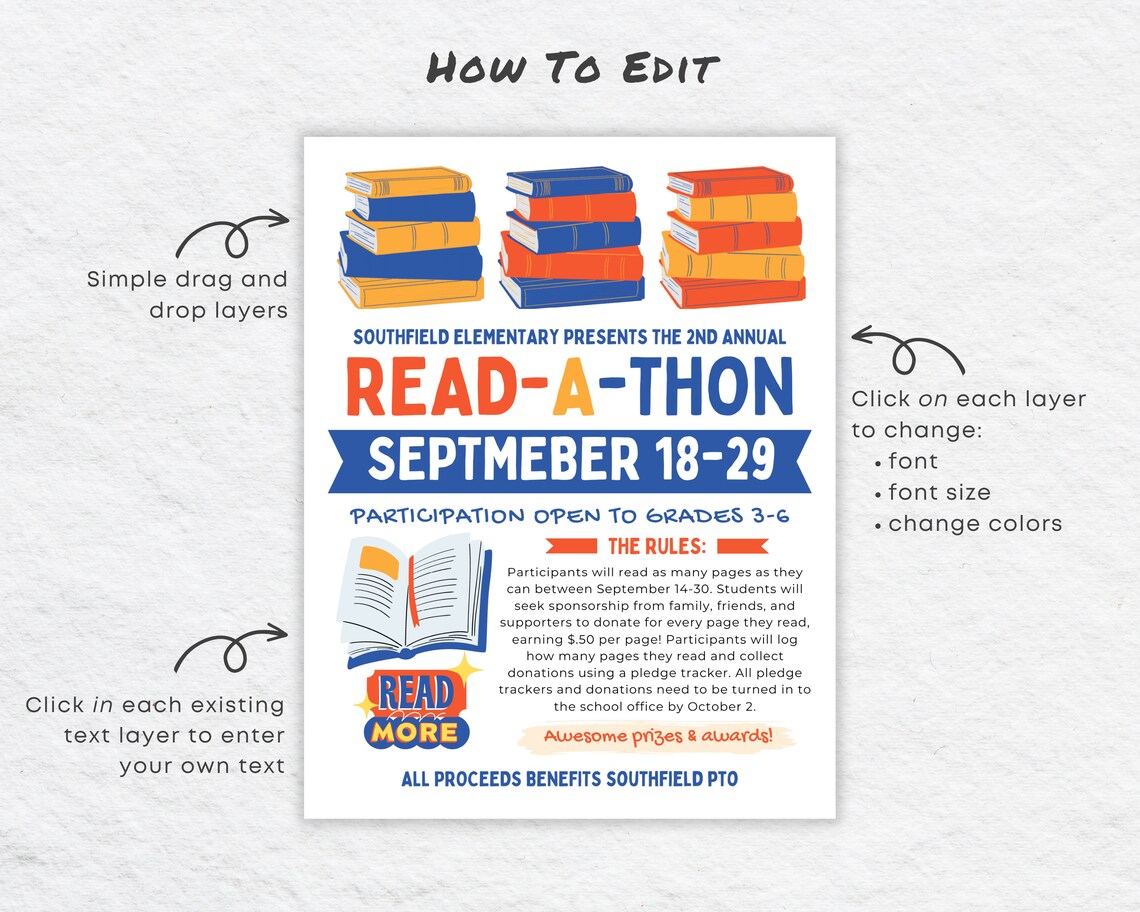 Read-a-thon Flyer Editable Template for Reading Literacy Fundraiser ...