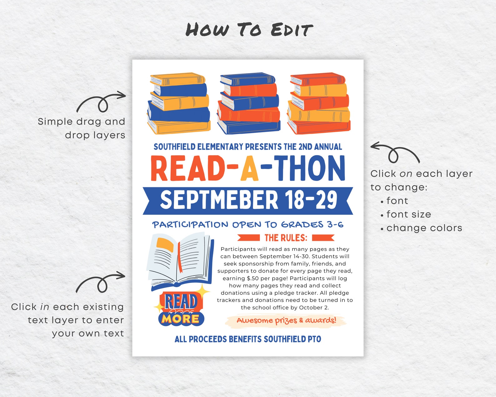 Read-a-thon Flyer Editable Template for Reading Literacy Fundraiser ...