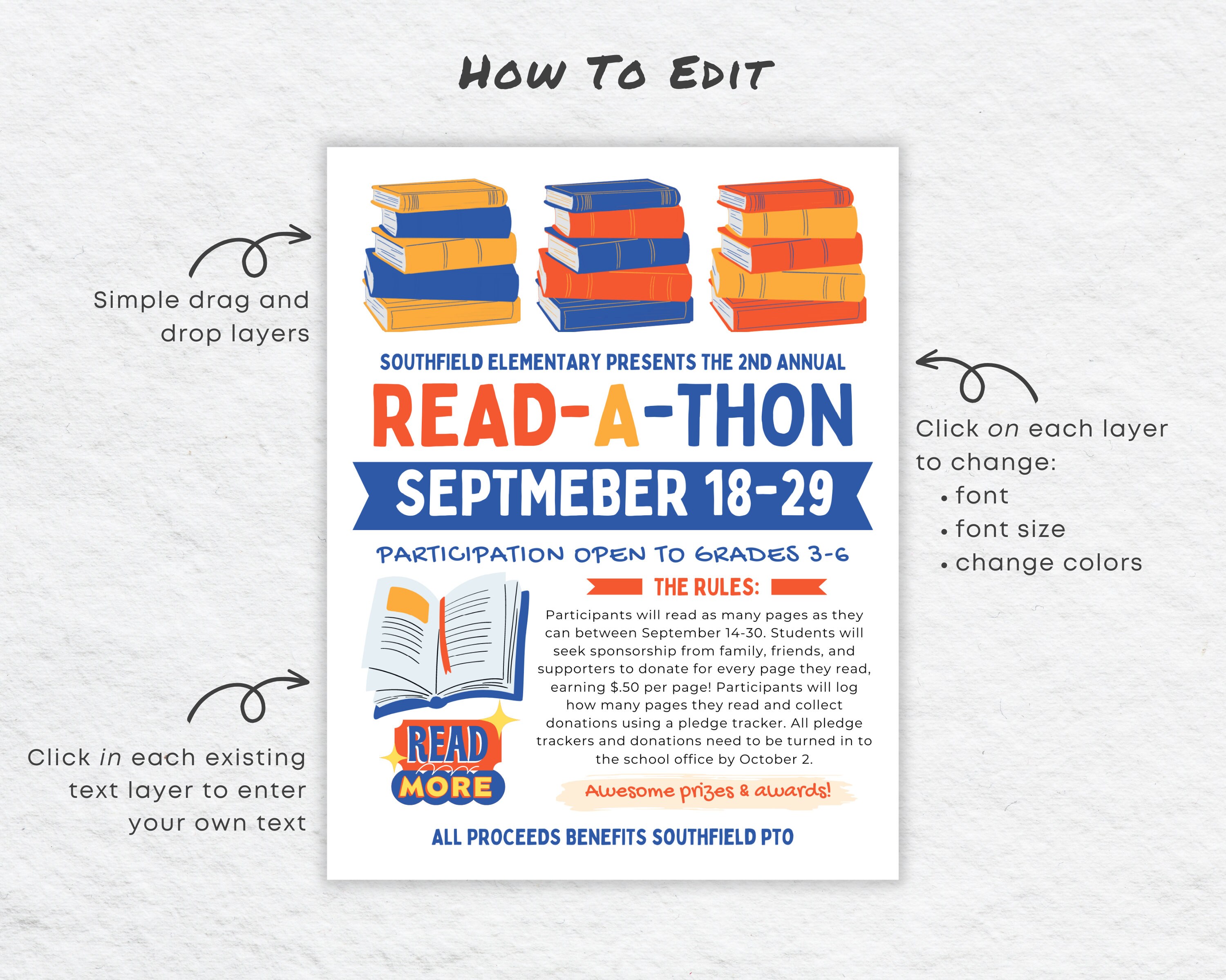 Read-a-thon Flyer Editable Template for Reading Literacy Fundraiser ...